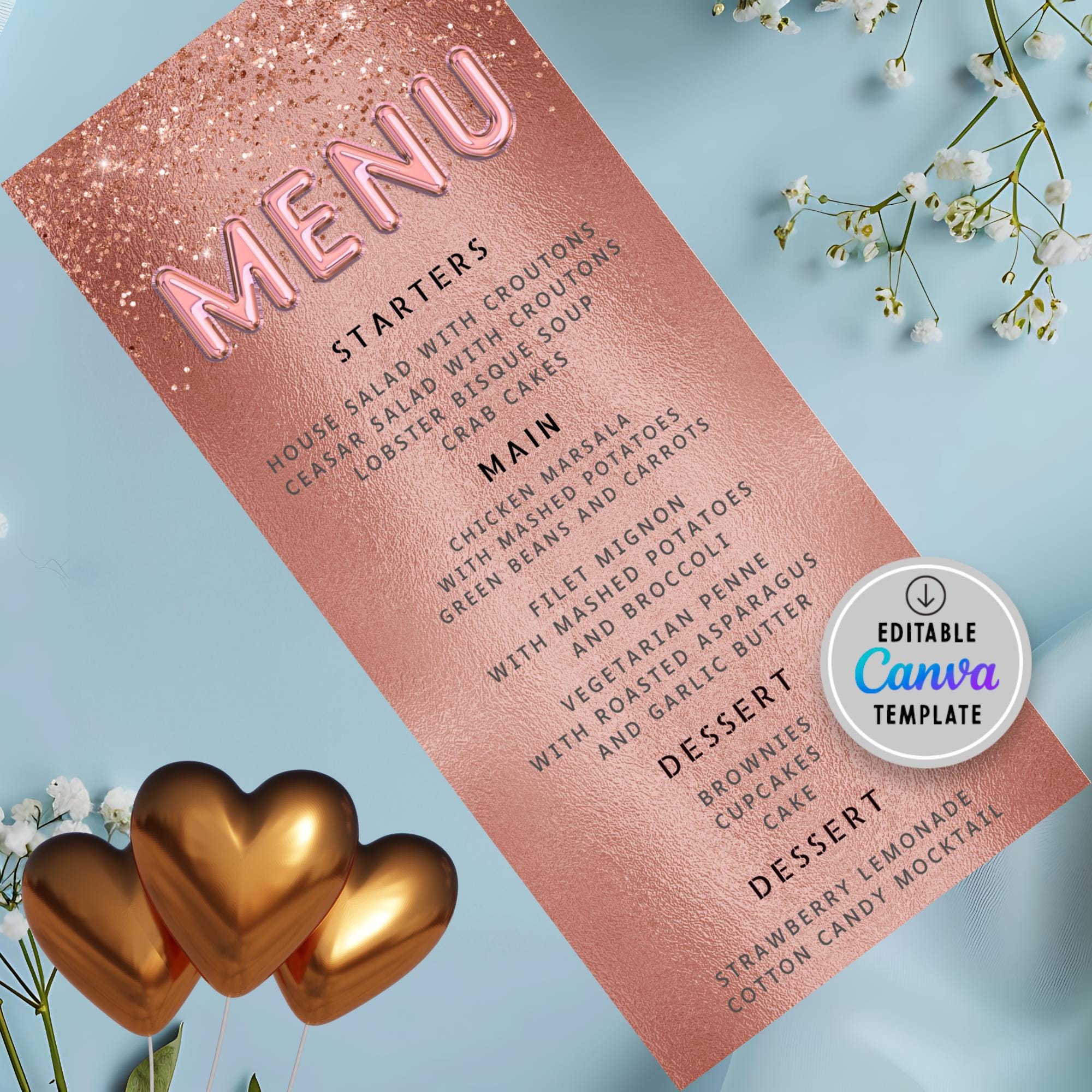 Editable Rose Gold Menu Card Template | Rose Gold Glitter Drip Menu ...