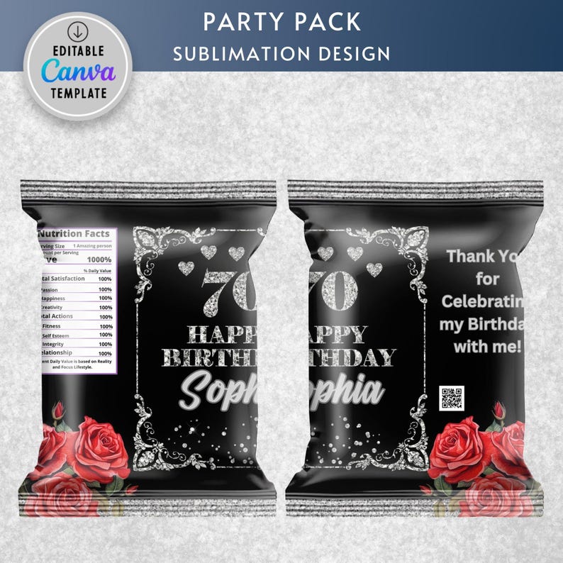 EDITABLE Woman 70th Birthday Chip Bag Wrapper. Red Rose Black and ...