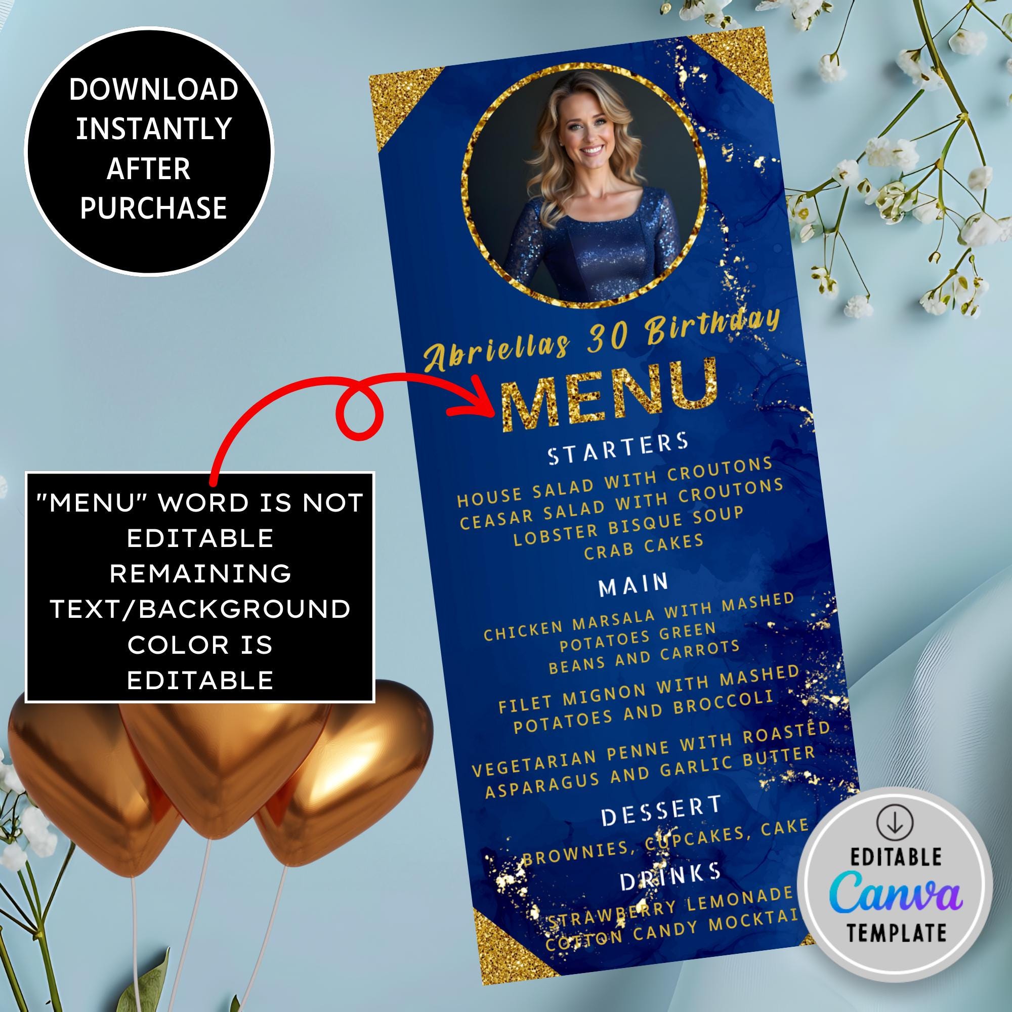 Editable Elegant Blue Gold Glitter Birthday Menu and Program Card ...