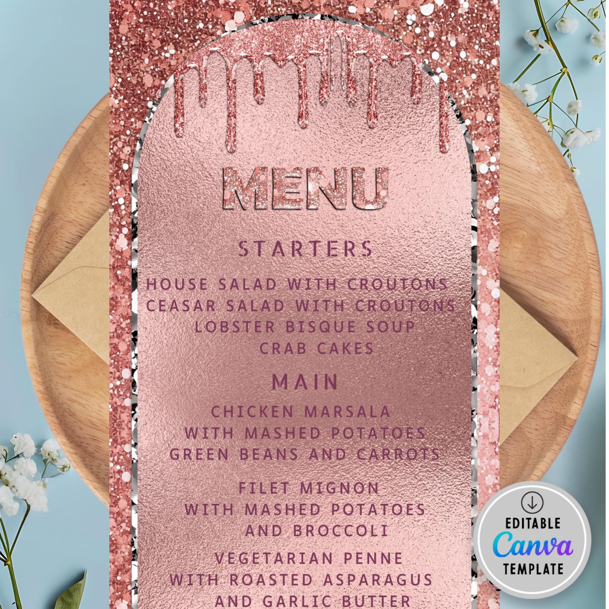 Editable Rose Gold Menu Card Template | Rose Gold Glitter Drip Menu ...