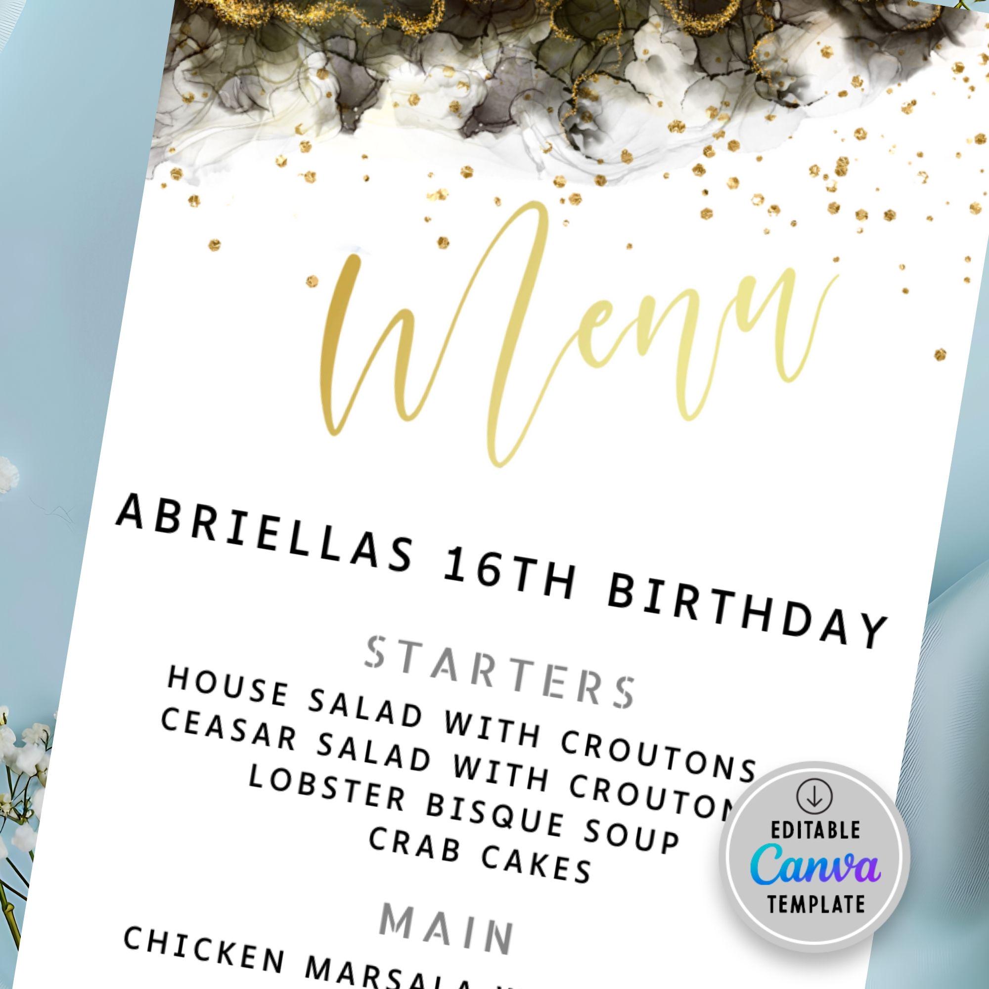 Mens Birthday Menu Template, Teen Boys Party Menus Printable, Black ...