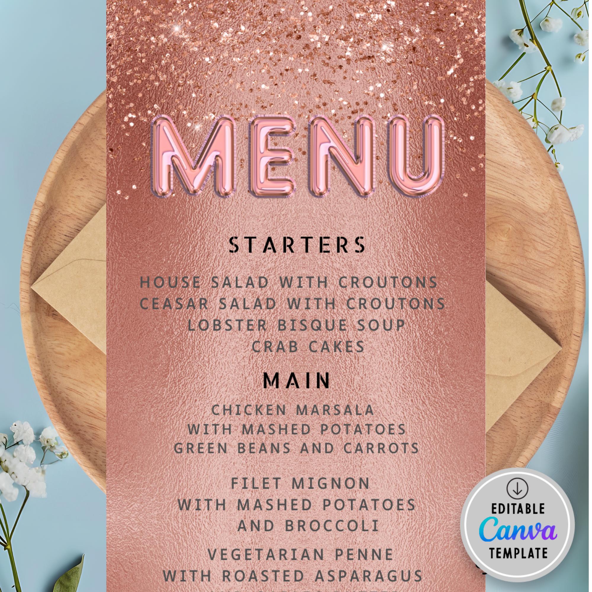 Editable Rose Gold Menu Card Template | Rose Gold Glitter Drip Menu ...