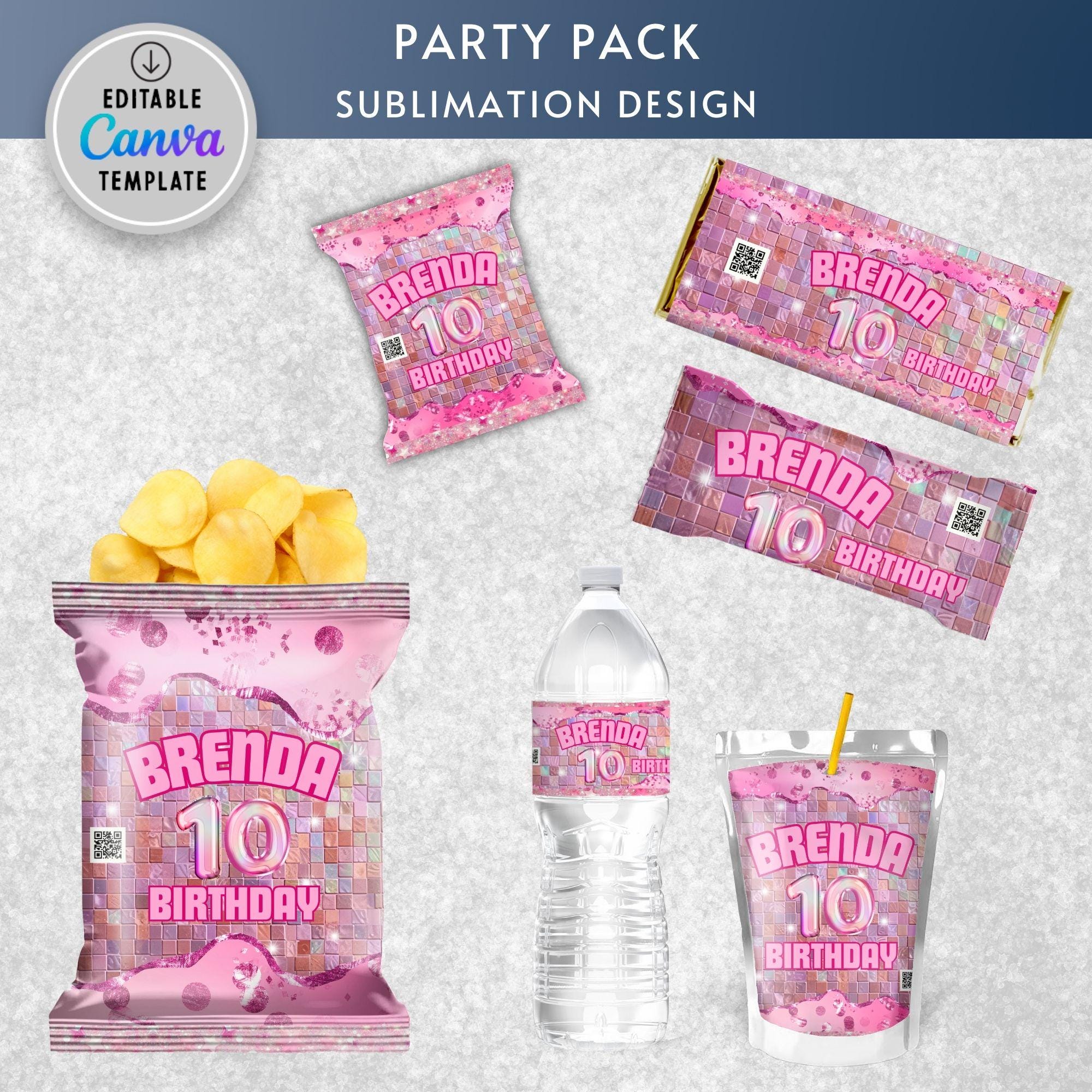Pink Birthday Party Bundle Kit, Template Printable Pink Birthday Chip ...