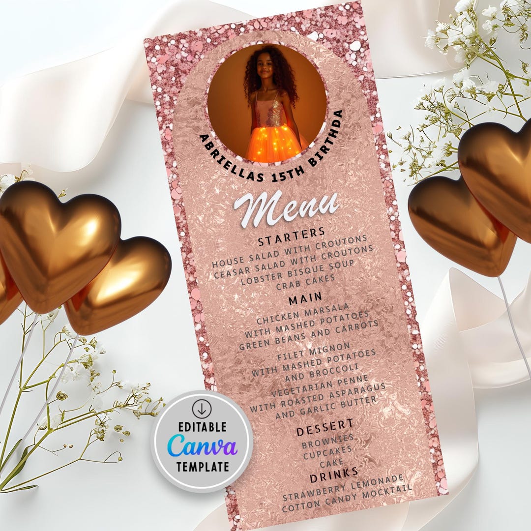 Rose Gold Menu Card With Photo, Photo Menu Card, Printable Menu, Rose ...