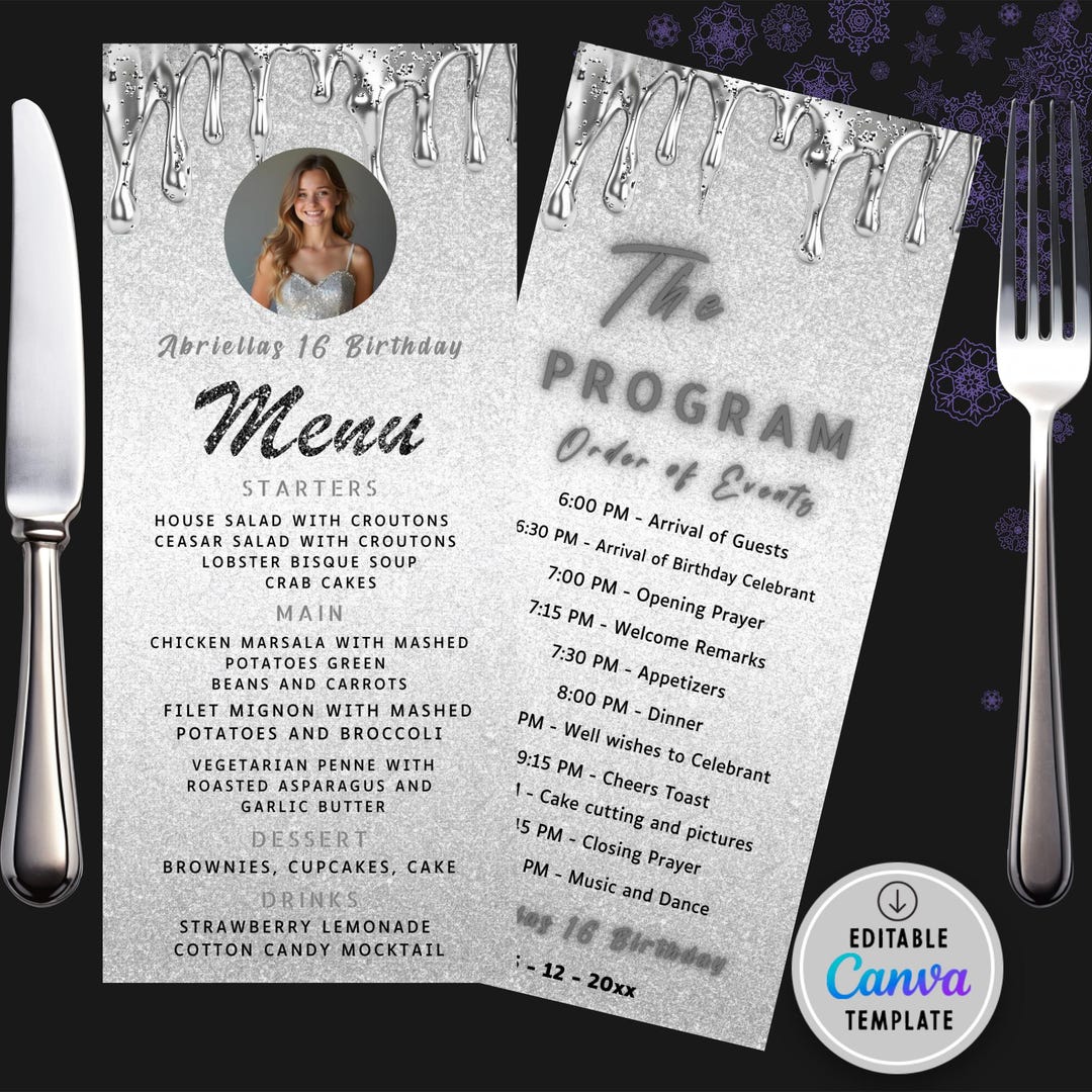Editable Silver Menu Card Template, Silver Glitter Drip Menu Cards ...
