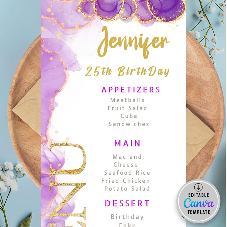 Purple Gold Birthday Menu Template: Elegant Dinner Party Editable Canva ...