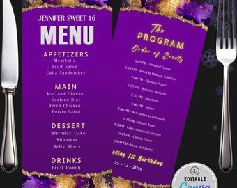 Purple and Gold Menu Card, Purple and Gold Agate Menu, Purple Birthday ...