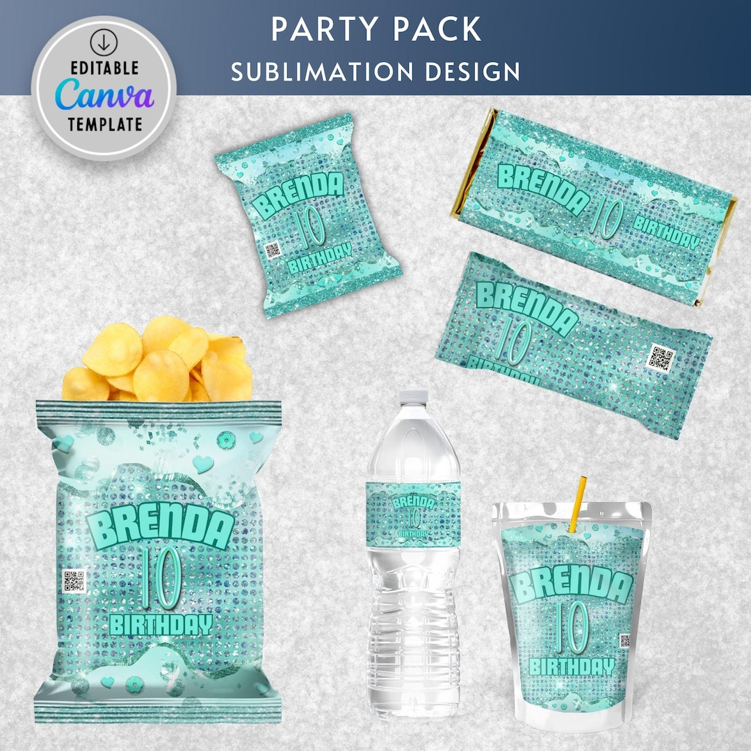 Teal Birthday Party Bundle Kit, Template Printable Pink Birthday Chip ...