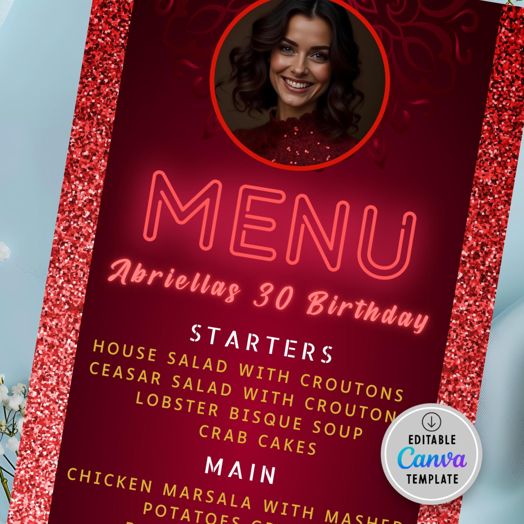 Editable Red Glitter Birthday Dinner Menu Card, Printable Dinner Party ...