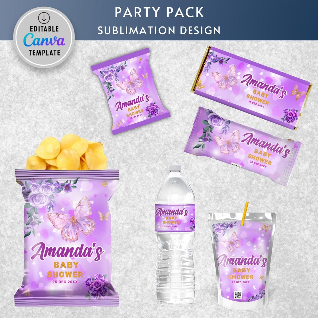 Editable Butterfly Chip Bags Watercolor Purple, Roses Girl Purple ...