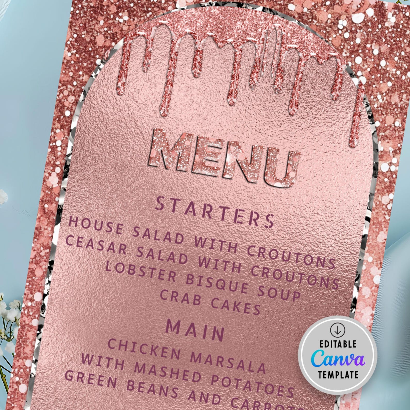 Editable Rose Gold Menu Card Template | Rose Gold Glitter Drip Menu ...