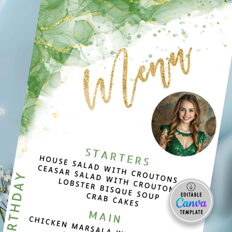 Editable Birthday Program Card Emerald Green and Gold Ladies Dinner ...