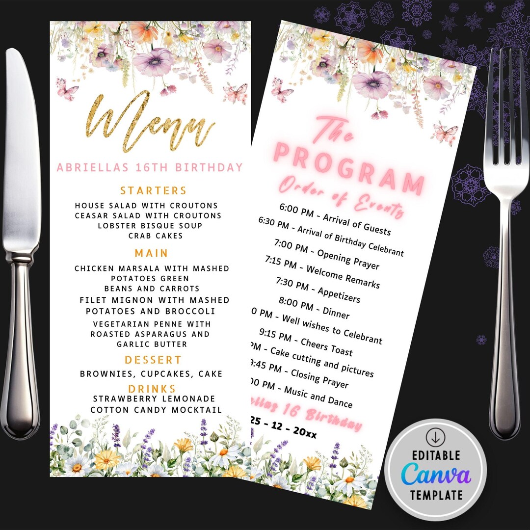 Butterfly Menu Template, Garden Party Menus, Birthday Floral Menu Cards ...