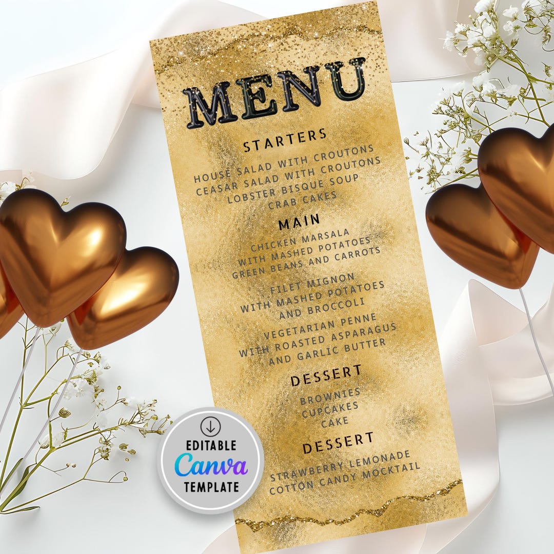 Editable Gold Menu Card Template, Gold Glitter Menu Cards, Birthday ...
