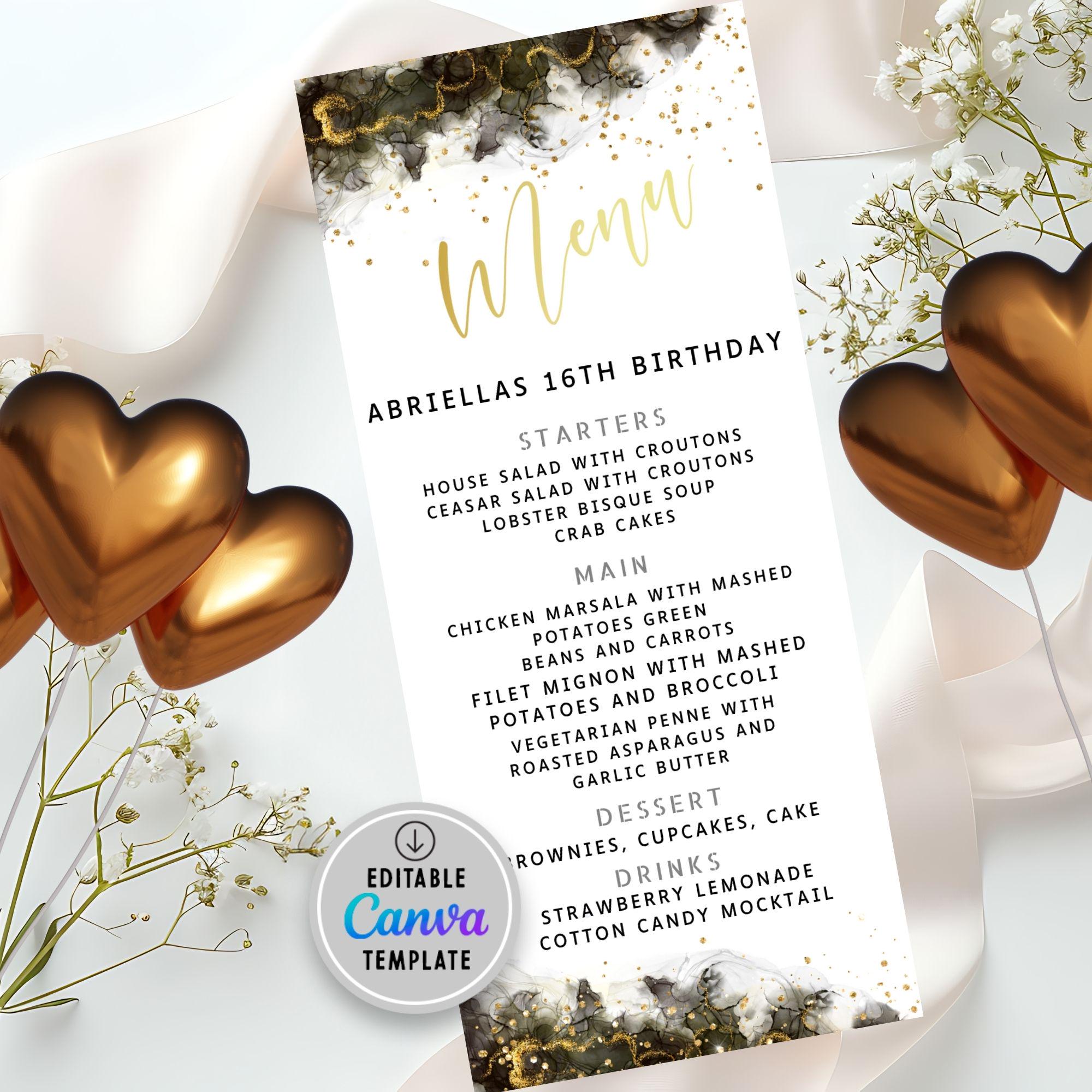 Mens Birthday Menu Template, Teen Boys Party Menus Printable, Black ...