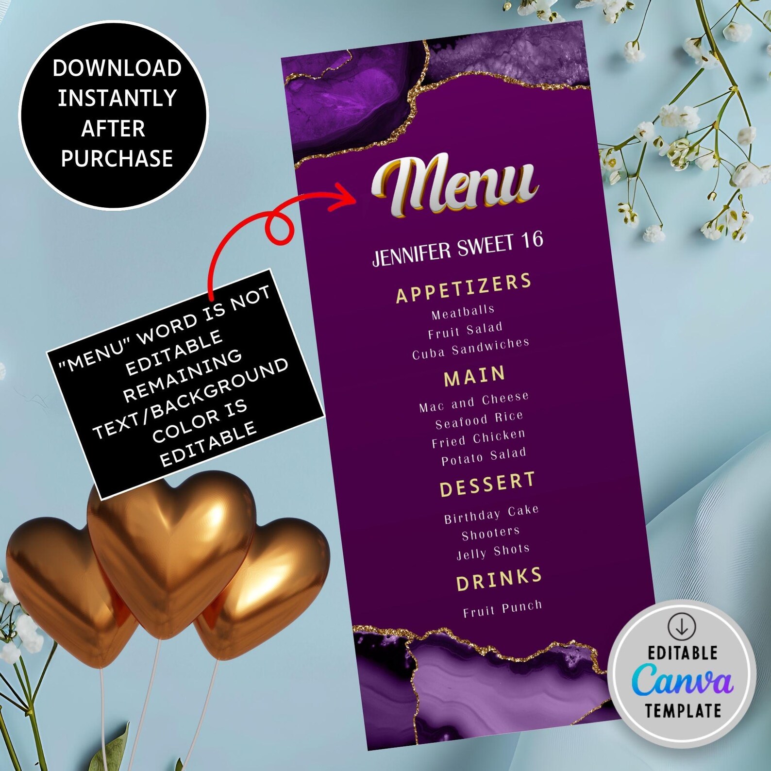 Purple Menu Card, Table Menu, Birthday Invitation Menu Card, Women ...