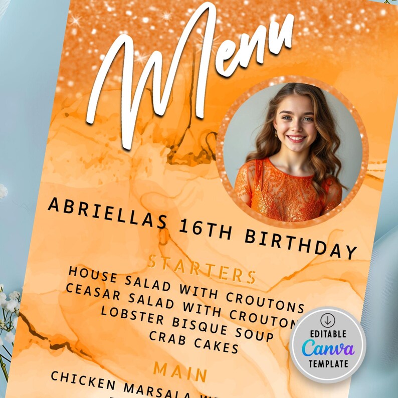 Orange Menu Template, Birthday Dinner Party Menus Printable, Summer ...