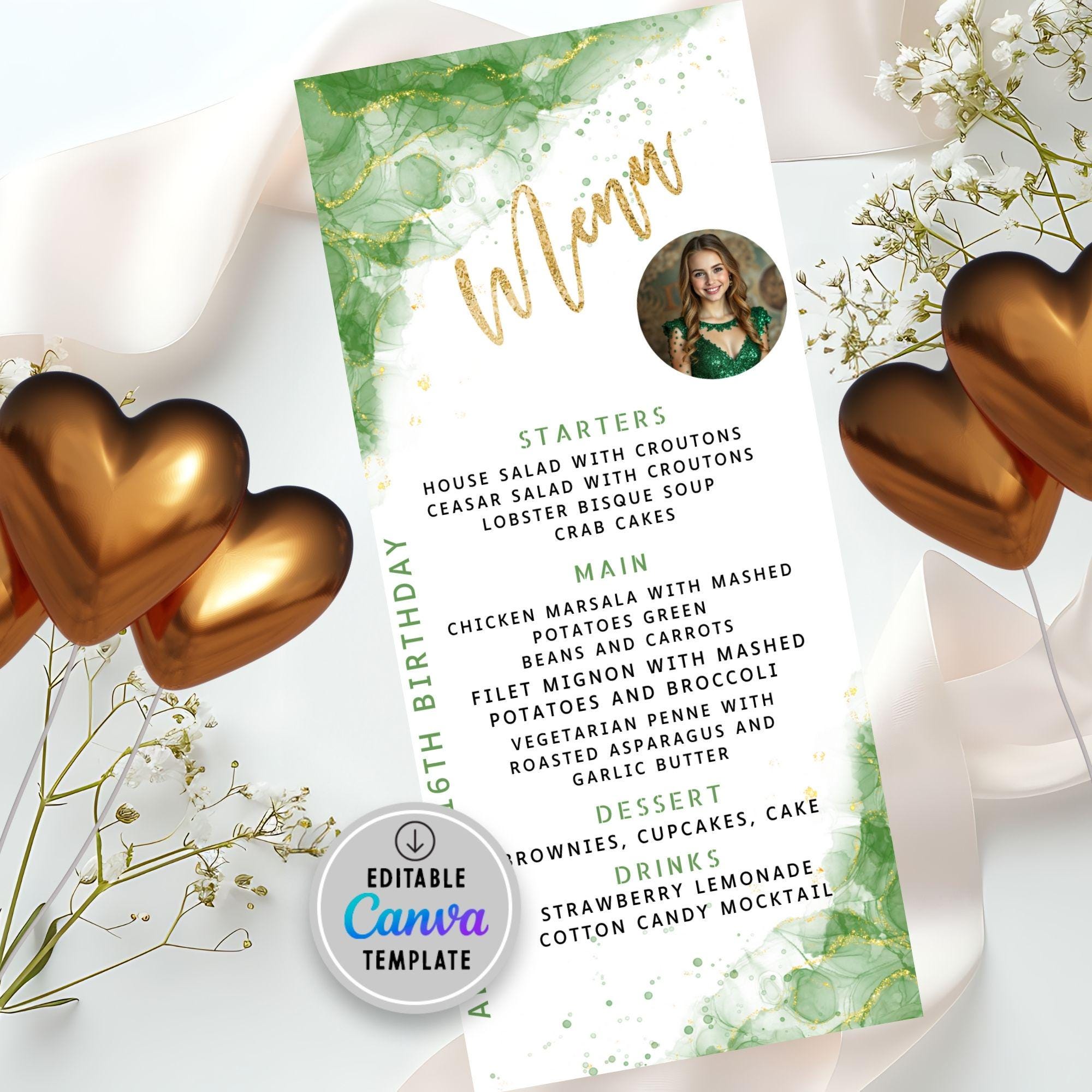 Editable Birthday Program Card Emerald Green and Gold Ladies Dinner ...