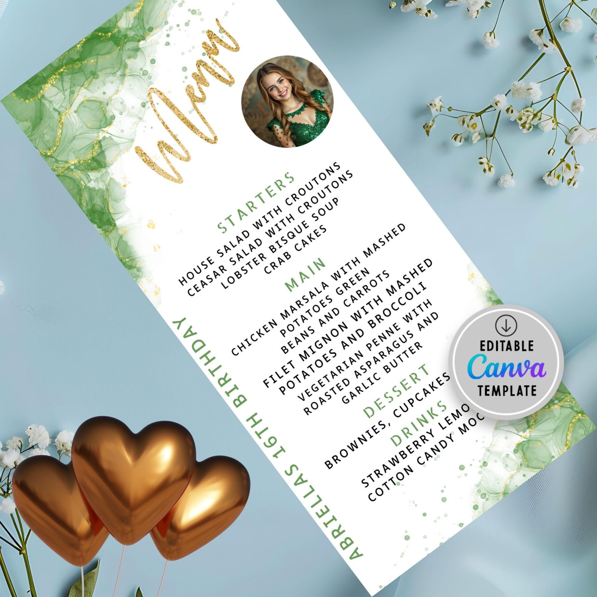 Editable Birthday Program Card Emerald Green and Gold Ladies Dinner ...