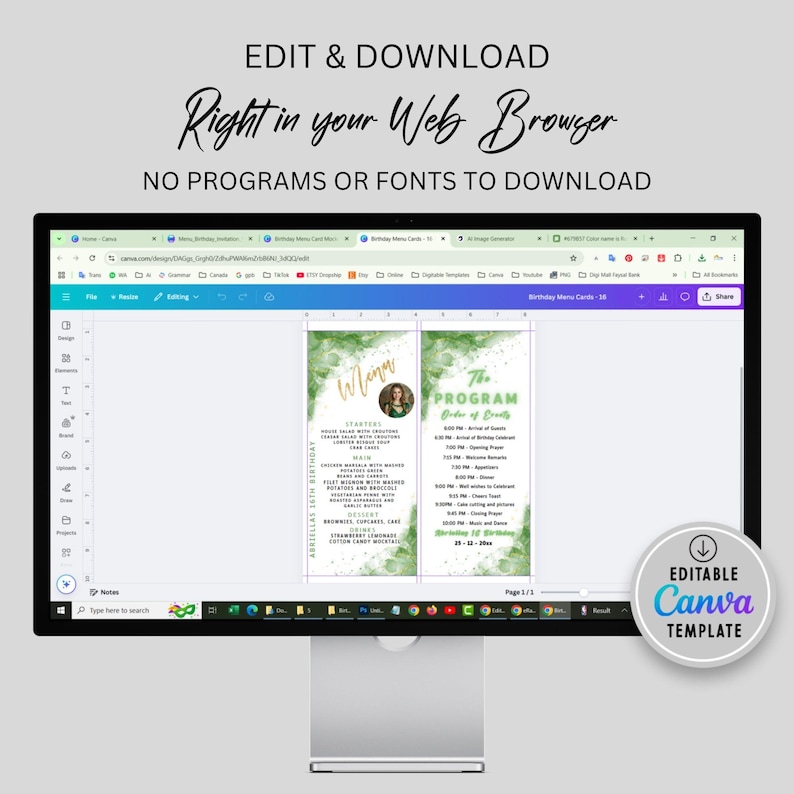 Editable Birthday Program Card Emerald Green and Gold Ladies Dinner ...