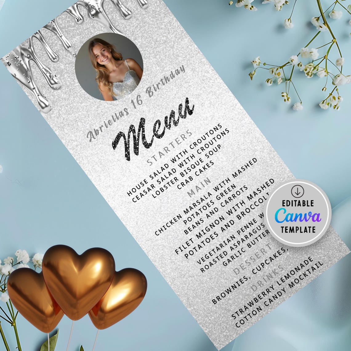 Editable Silver Menu Card Template, Silver Glitter Drip Menu Cards ...