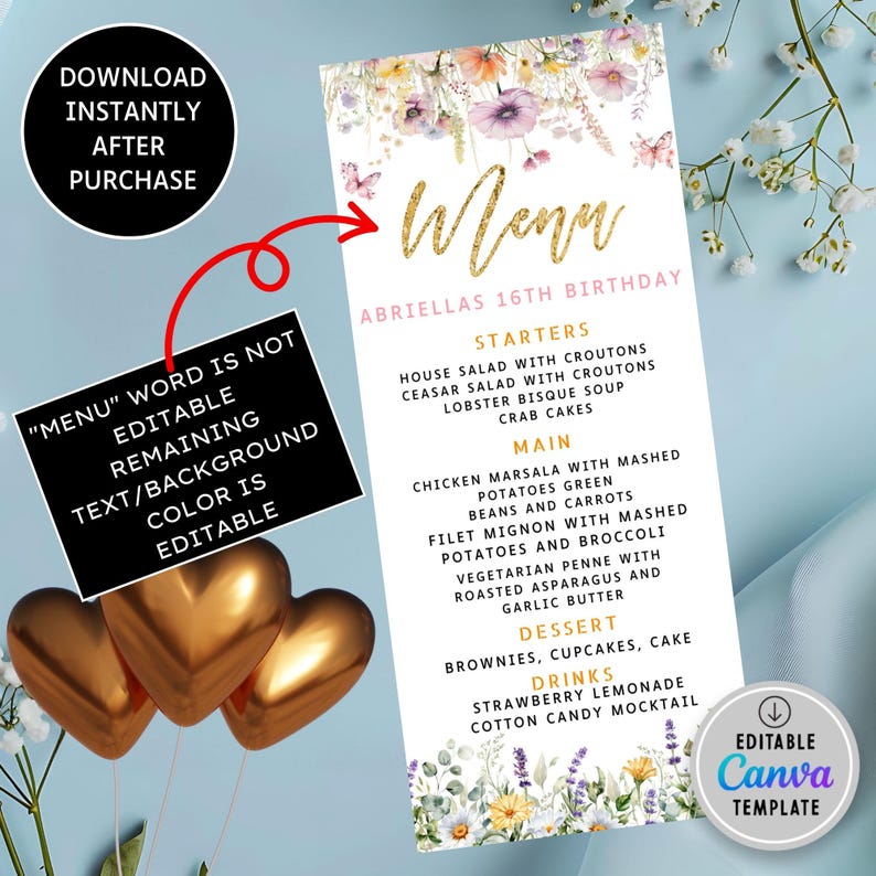 Butterfly Menu Template, Garden Party Menus, Birthday Floral Menu Cards ...