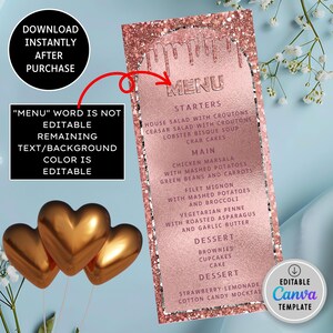 Editable Rose Gold Menu Card Template | Rose Gold Glitter Drip Menu ...