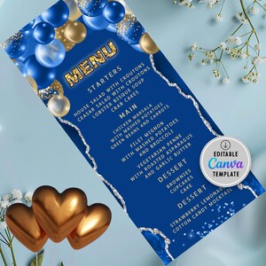 Editable Royal Blue Menu Card Template, Royal Blue & Silver Glitter ...