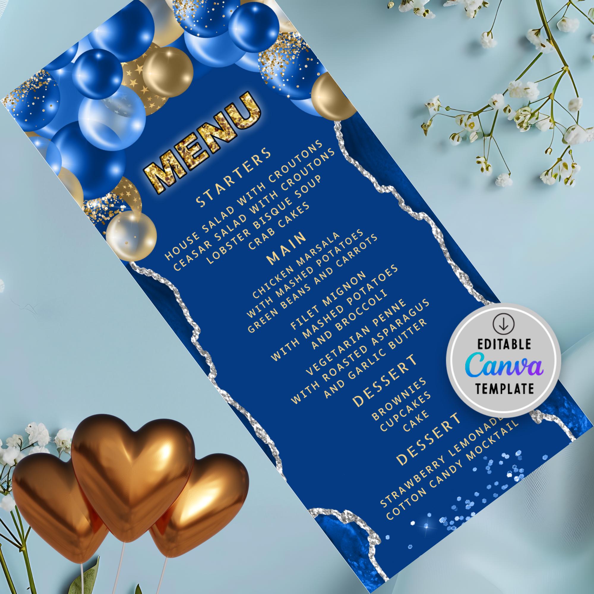 Editable Royal Blue Menu Card Template, Royal Blue & Silver Glitter ...