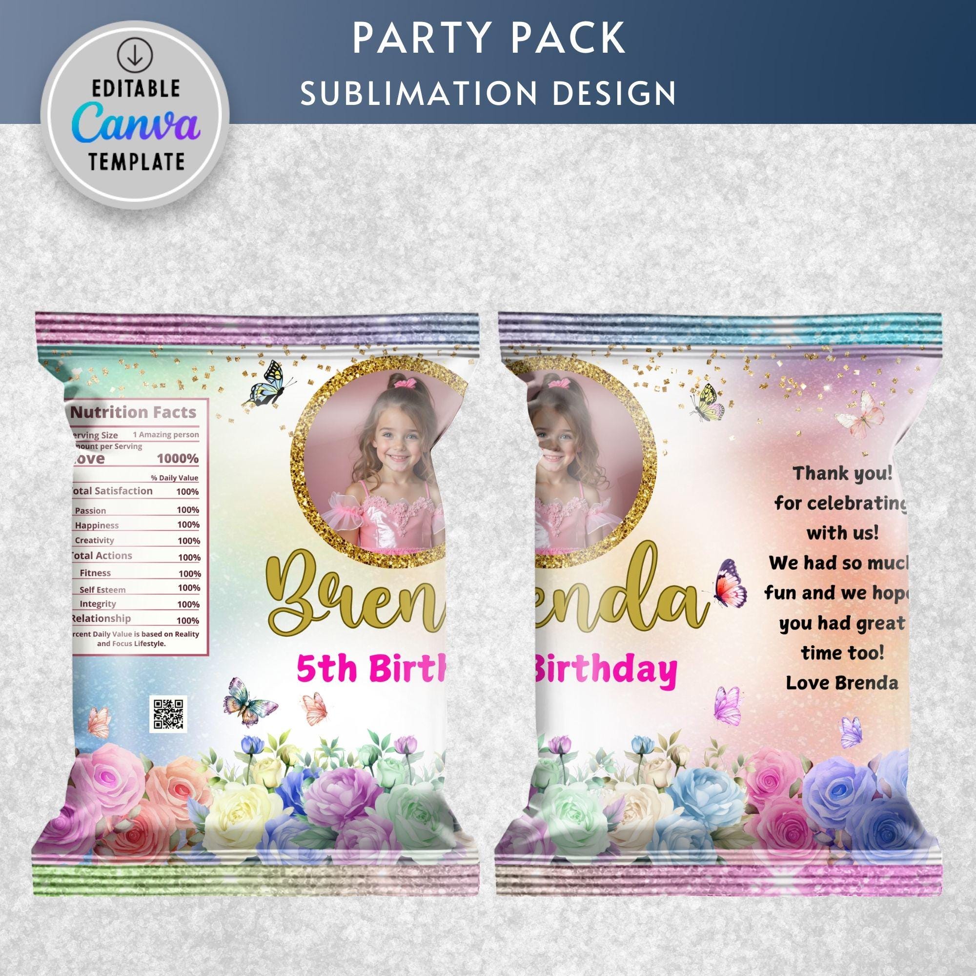 EDITABLE Butterfly Chip Bag Wrapper With Photo. Personalised Name ...