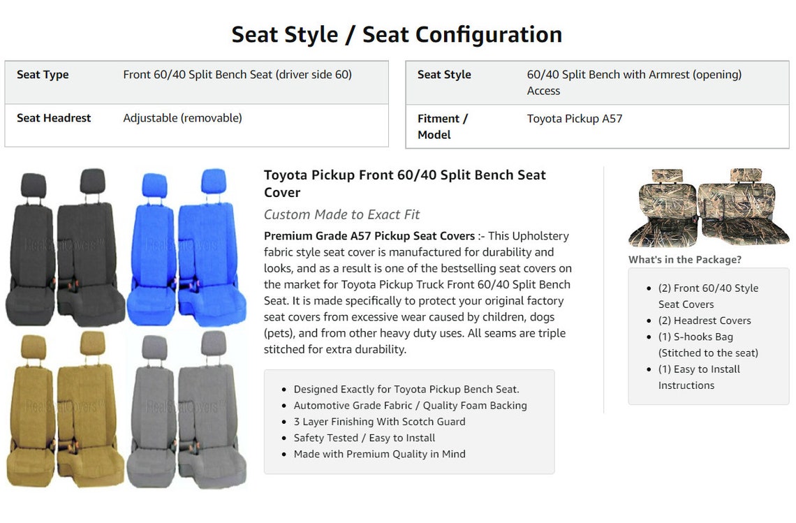 Front 60/40 Split Bench Thick Seat Covers Adjustable Headrest - Etsy