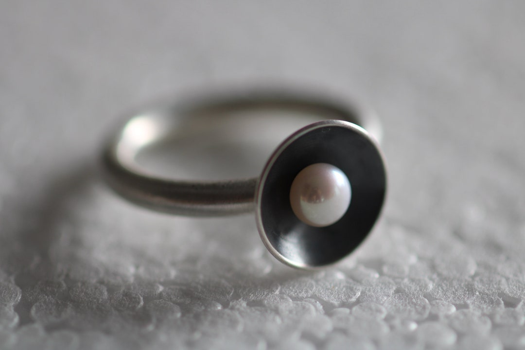 Ring With a Small White Pearl in Solid 925 Silver, Partially Oxidized ...