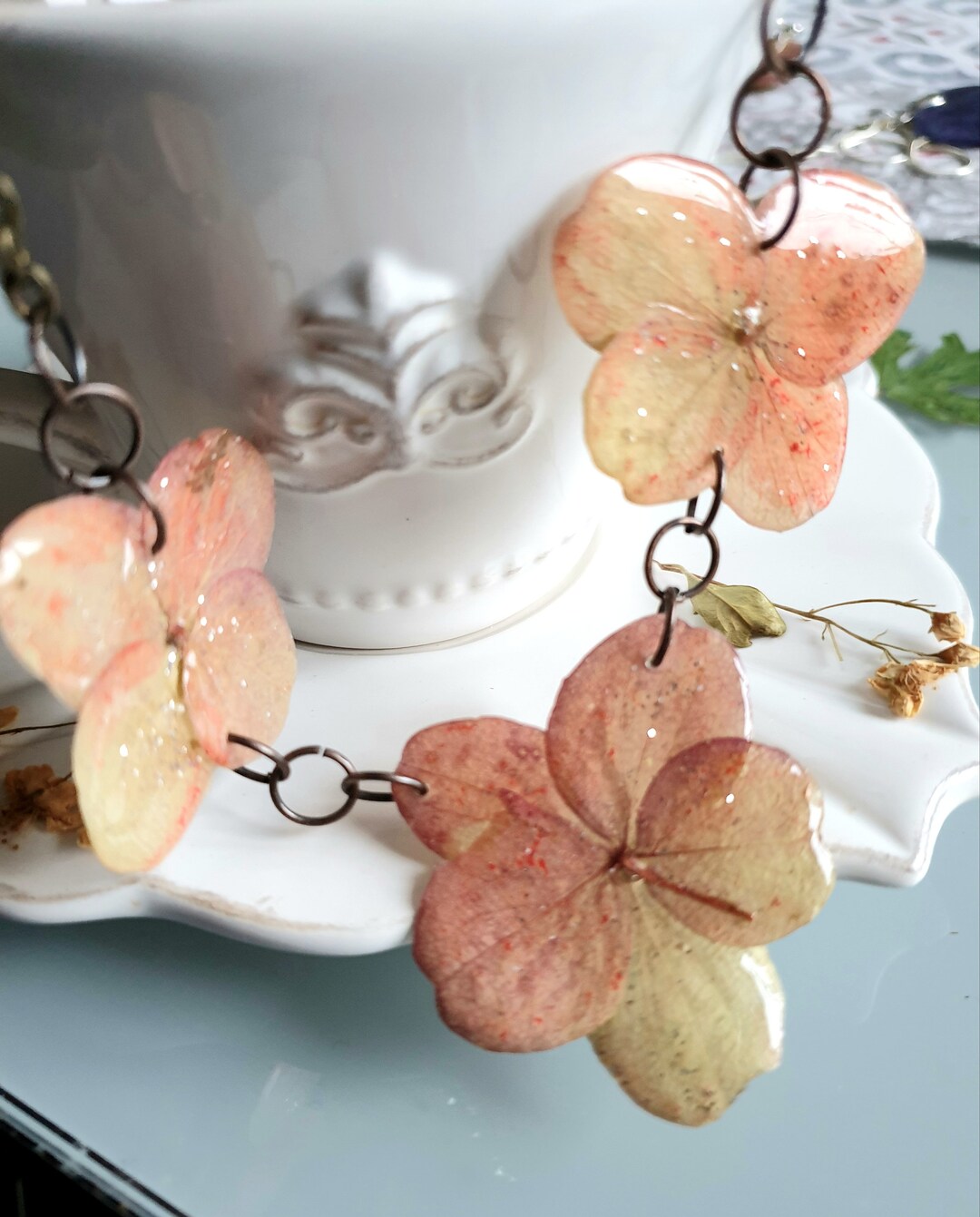 Fiona Necklace With Hydrangeas, Bronze, Real Flowers, Jewelry With Real ...