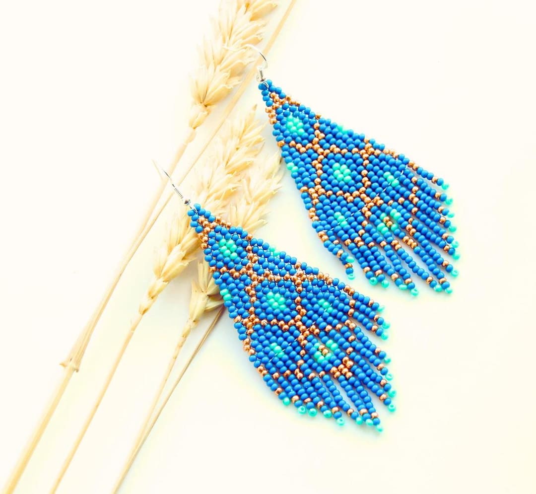 Blue Beaded Earrings: Handmade Boho Seed Bead Dangle Earrings - Etsy