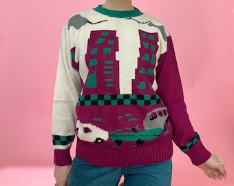 1980s 1990s Novelty Cityscape Cardigan Vintage 80s 90s Winter City ...