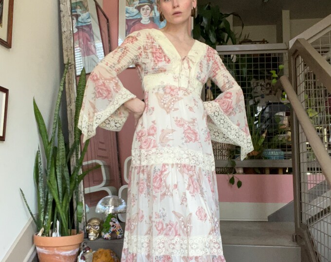 70s Rose Floral Flared Sleeve Lace Trim Maxi Dress - Etsy