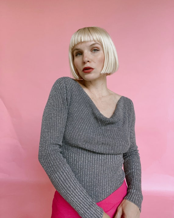 Vintage Silver Metallic Ribbed Knit - Gem