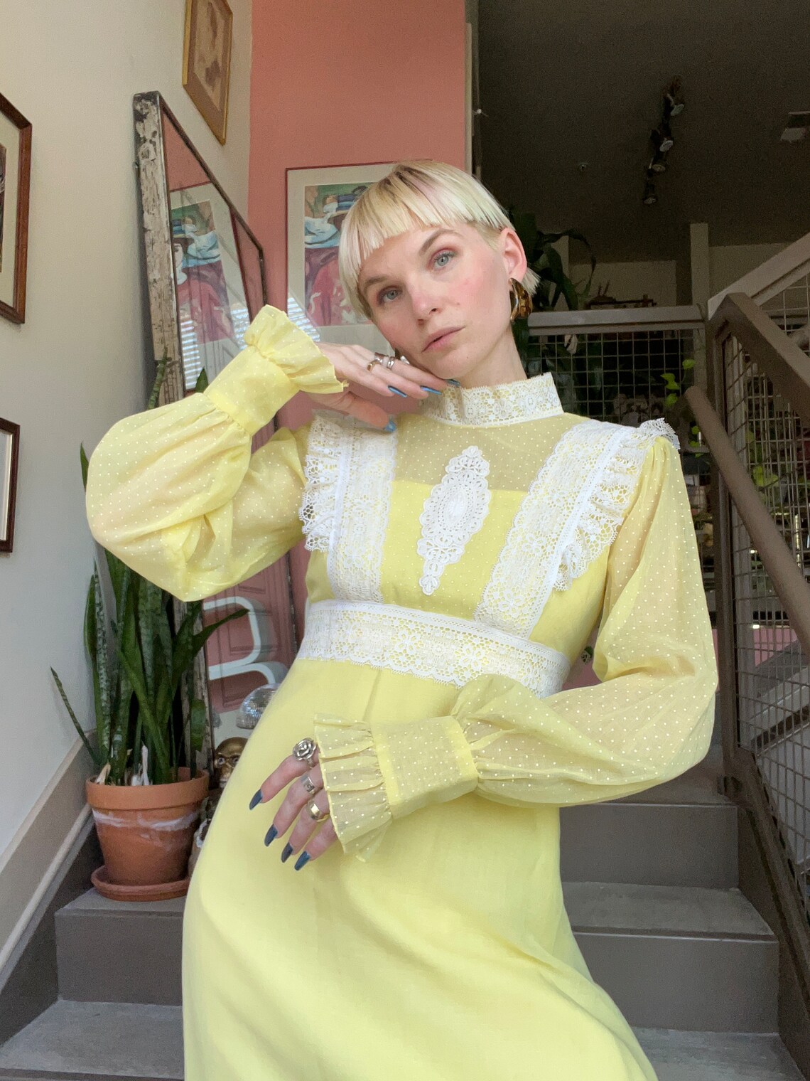 70s Canary Yellow Swiss Dot Lace Maxi Prairie Dress - Etsy