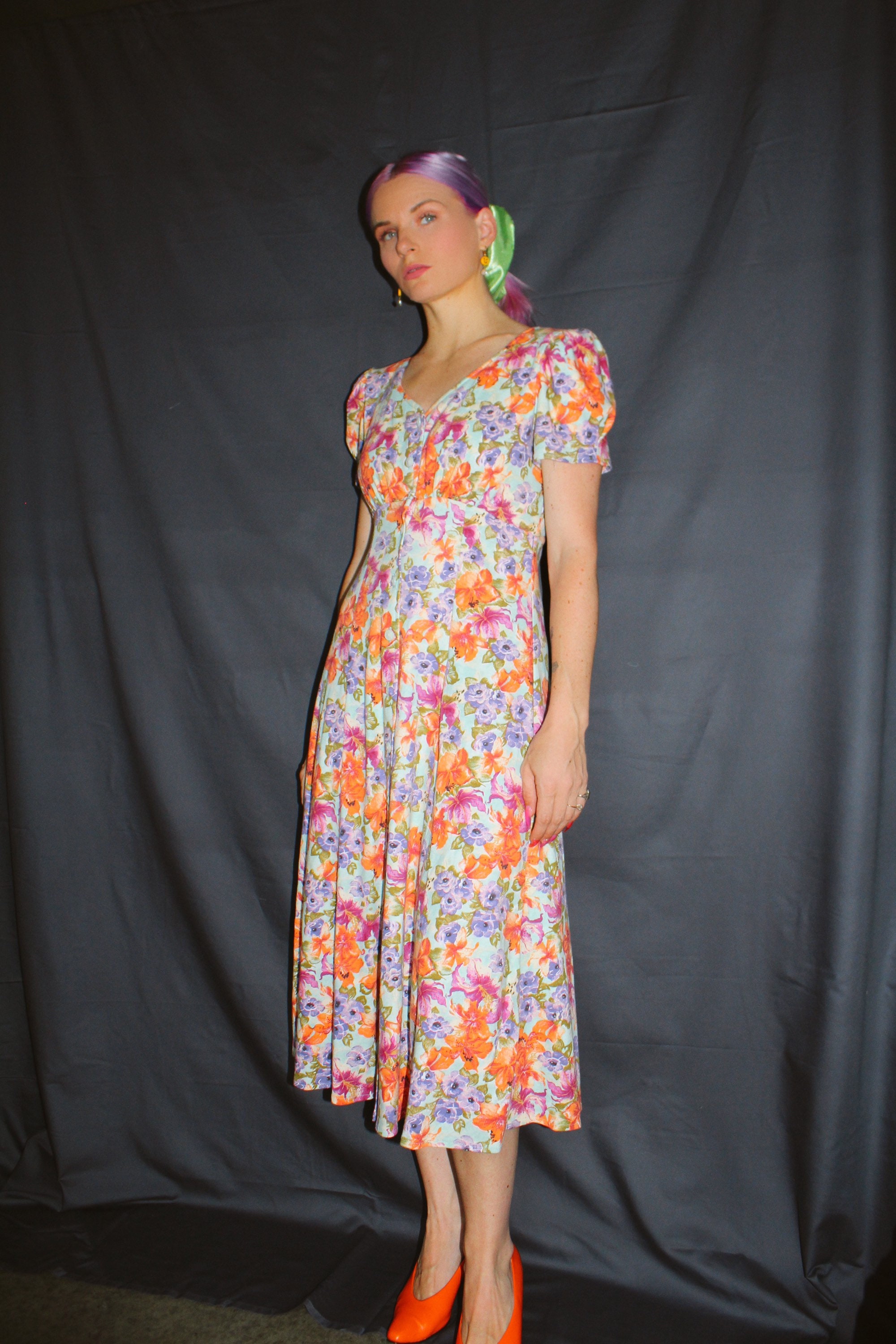 Vintage 90s | Floral Print Button Up Dress