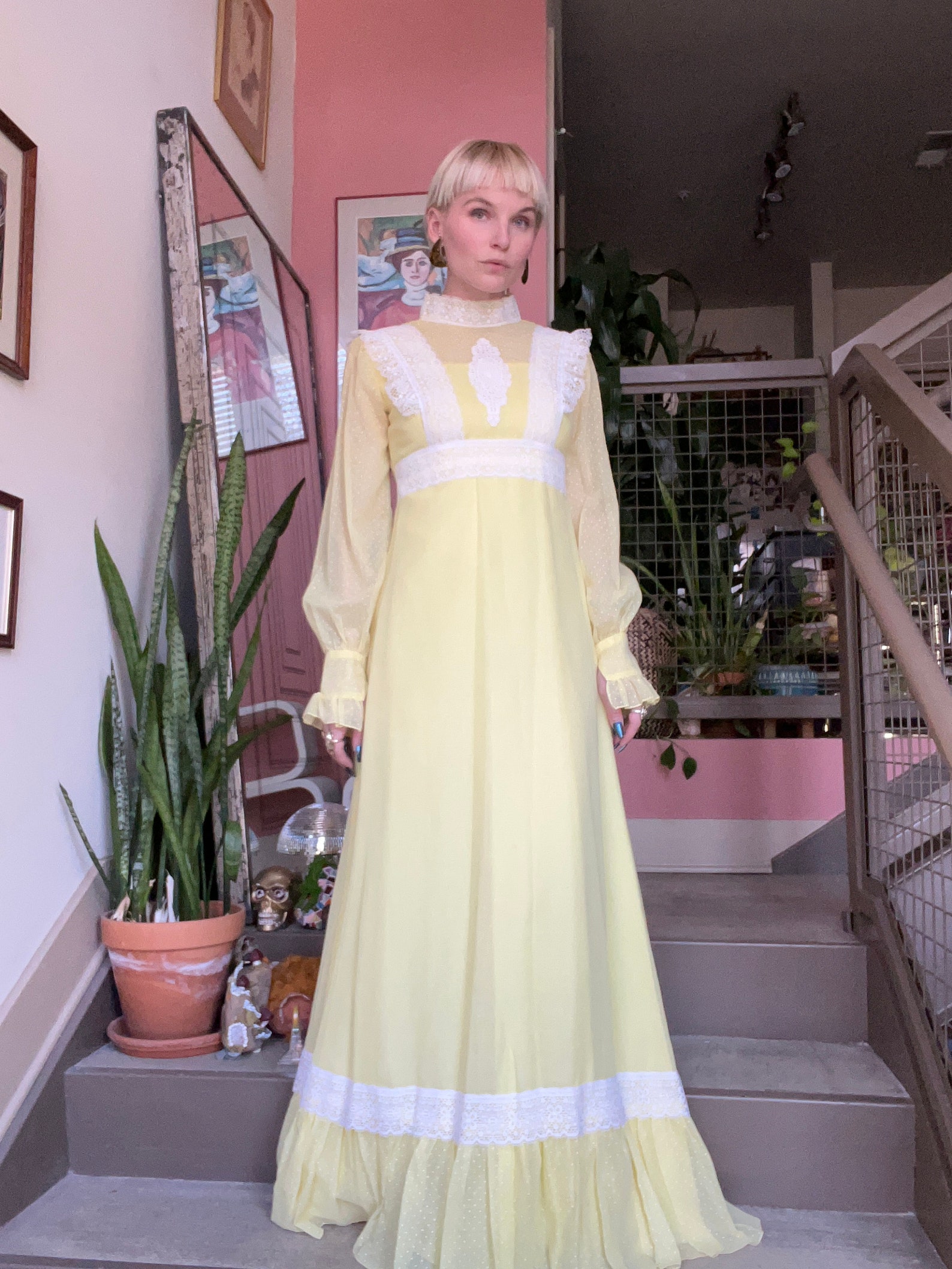 70s Canary Yellow Swiss Dot Lace Maxi Prairie Dress - Etsy