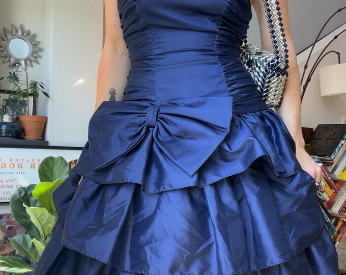 VTG 80s Navy Blue Ruffle Bow Dress - Etsy