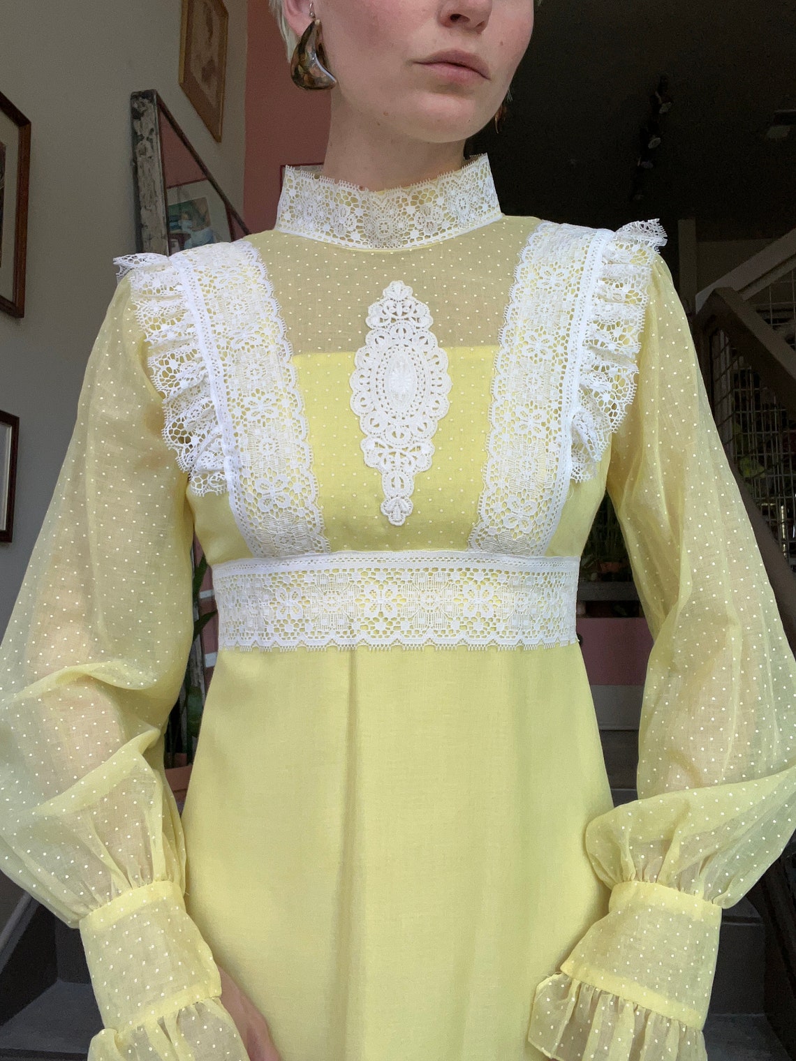 70s Canary Yellow Swiss Dot Lace Maxi Prairie Dress - Etsy