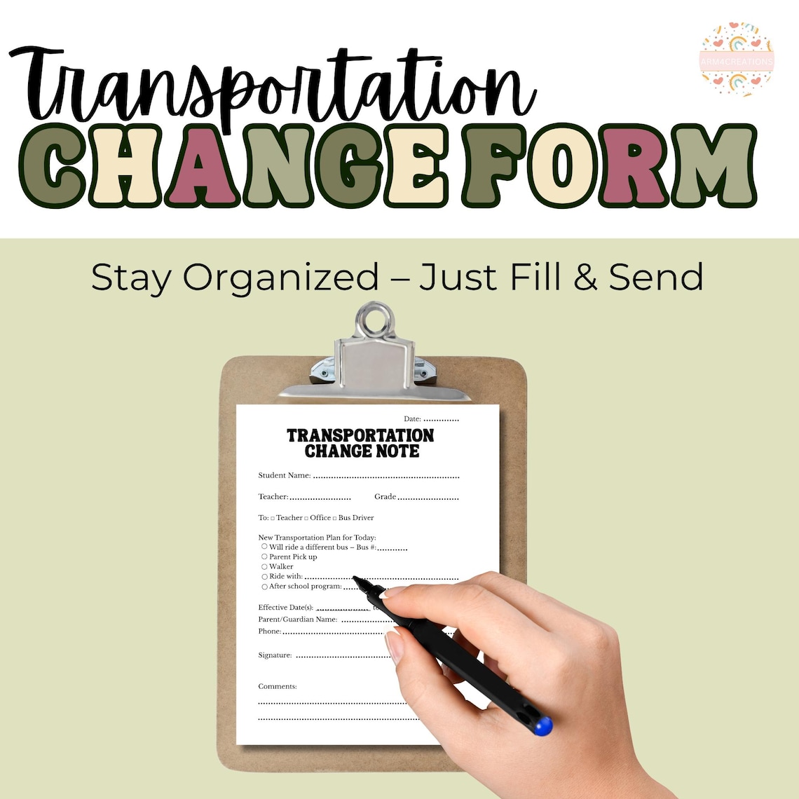 Transportation Change Note Printable | School Pickup Change Form ...