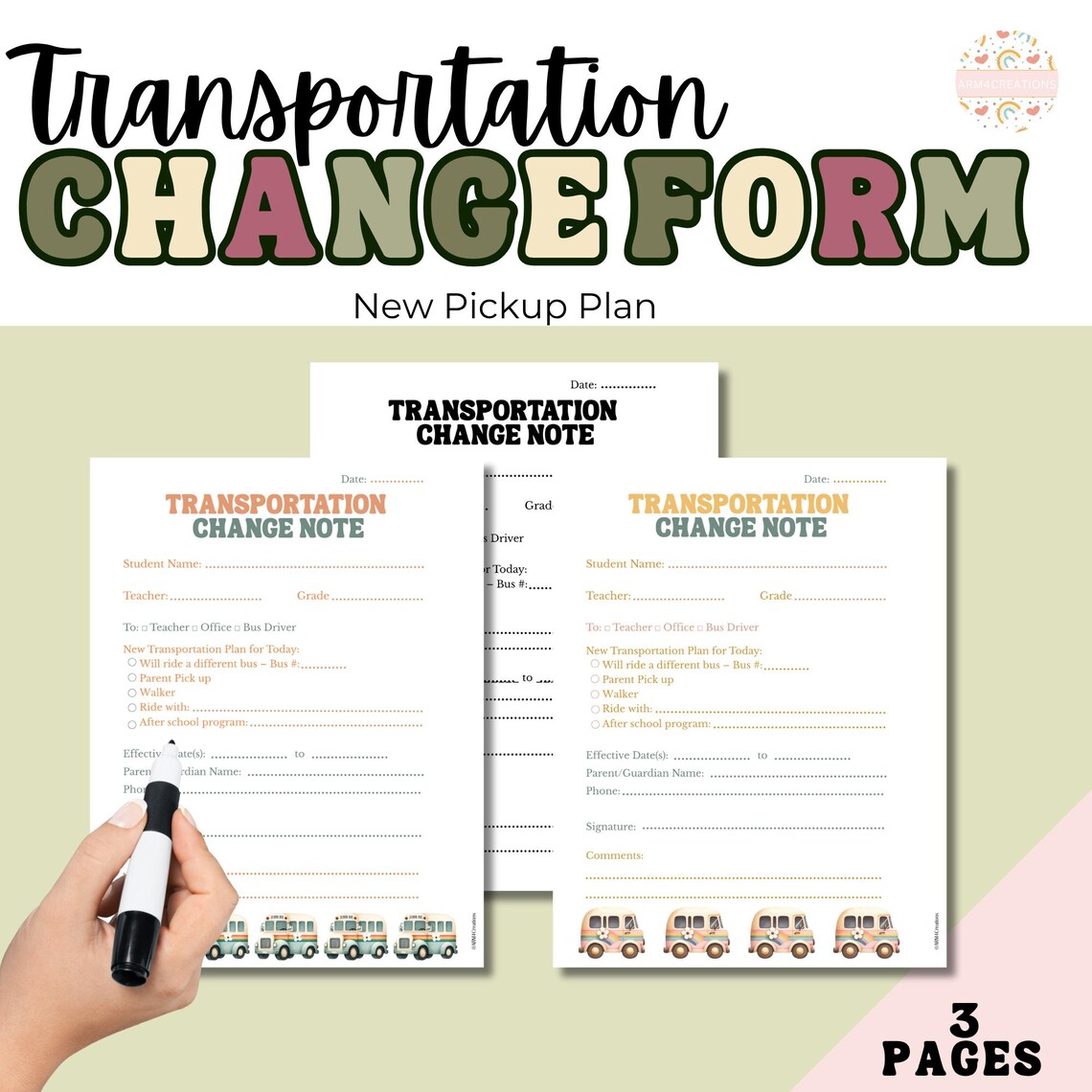 Transportation Change Note Printable | School Pickup Change Form ...