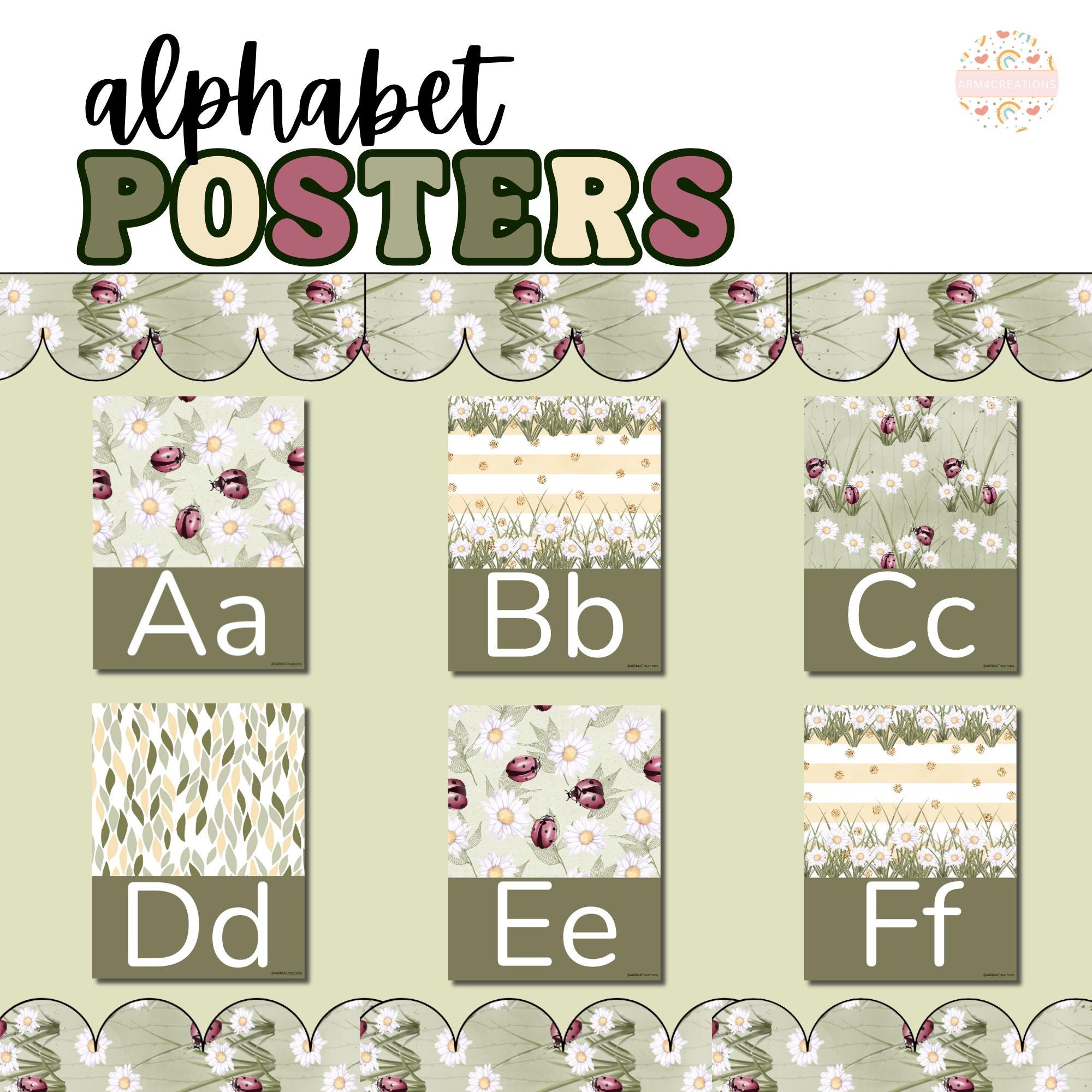 Ladybug Alphabet Posters Classroom Decor A-Z Capital Lowercase Letters ...