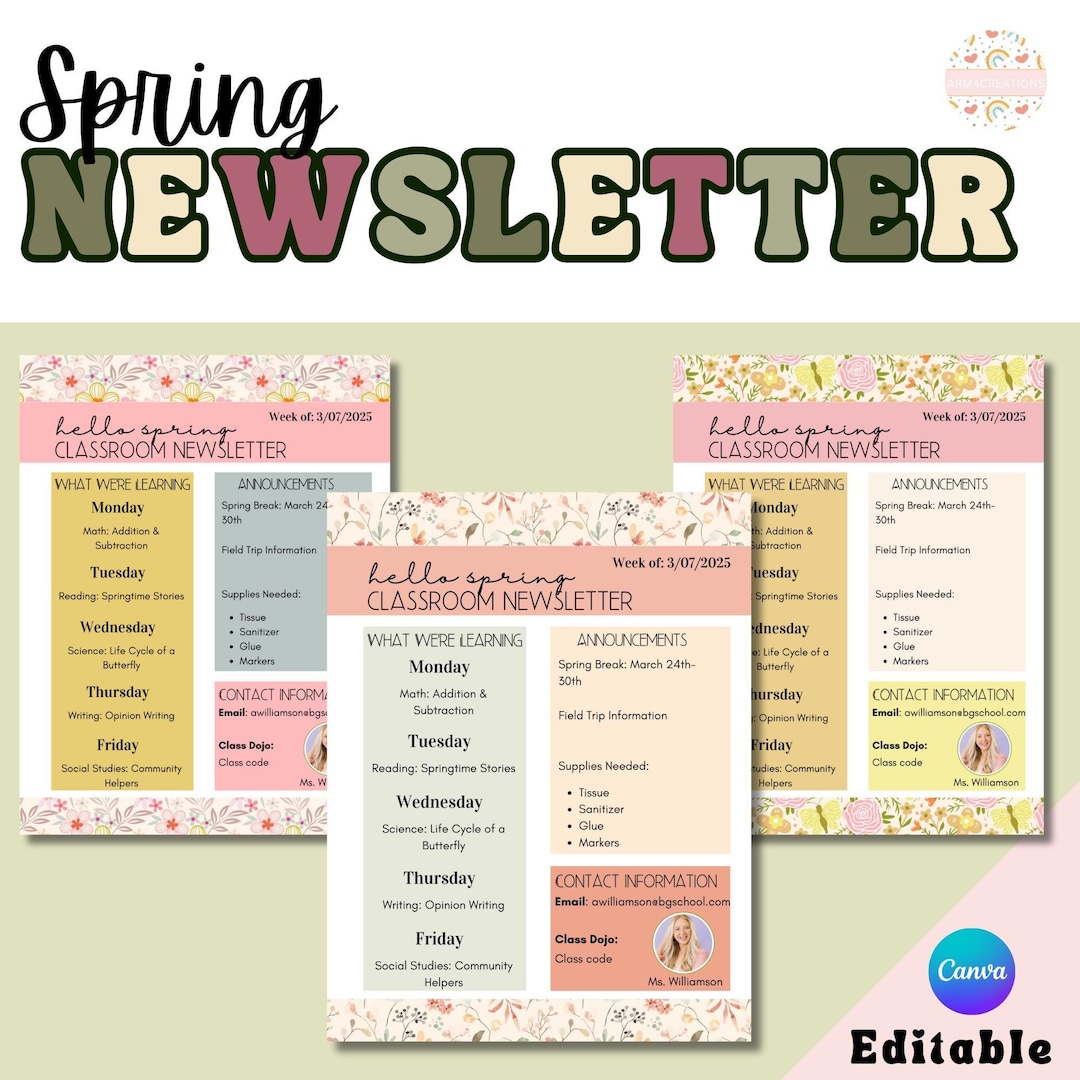 Editable Spring Newsletter for Teachers Back to School Canva First Day ...