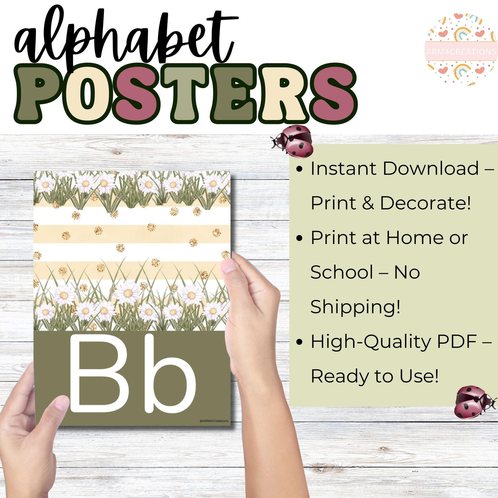 Ladybug Alphabet Posters Classroom Decor A-Z Capital Lowercase Letters ...