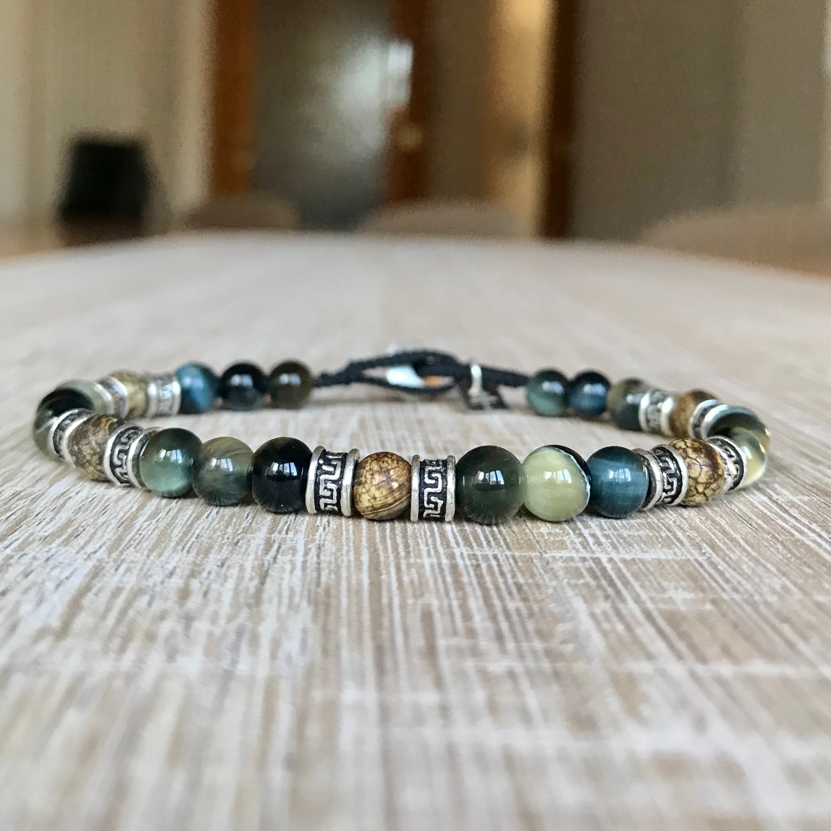 Natural Stone Bracelet Men/ Multi Color Tiger Eye Bracelet/ 925 ...