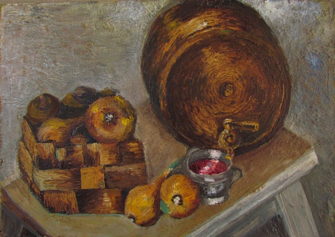 Wine Barrel Still Life Oil Painting, Ukrainian Kitchen Art, 9.64x13.77 ...