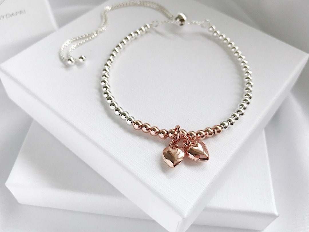 Rose Gold Heart Bracelet - Heart Bracelet- Sterling Silver & Rose Gold ...